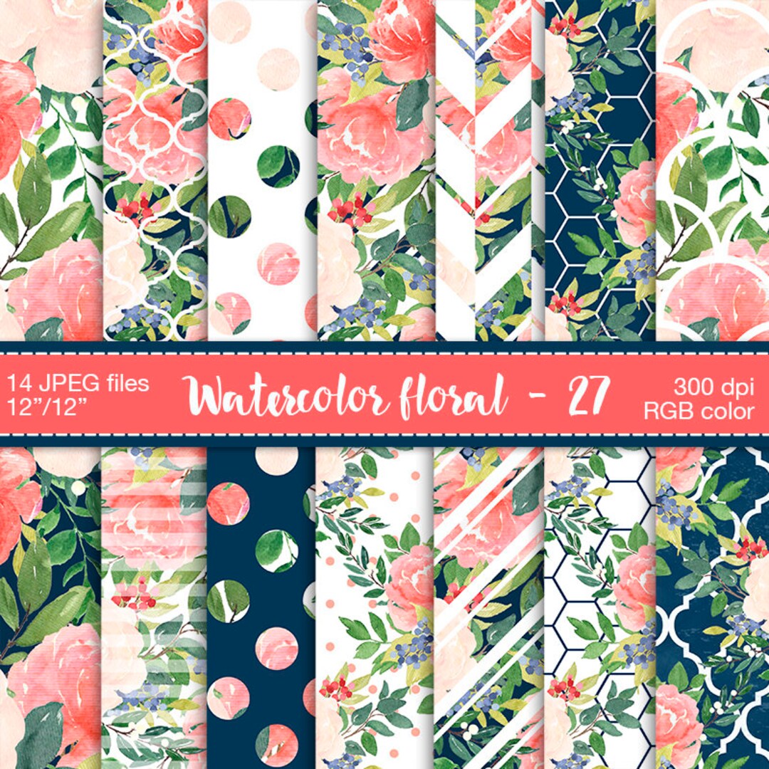 Watercolor Digital Paper, Floral Digital Paper, Peony and Rose Flower ...