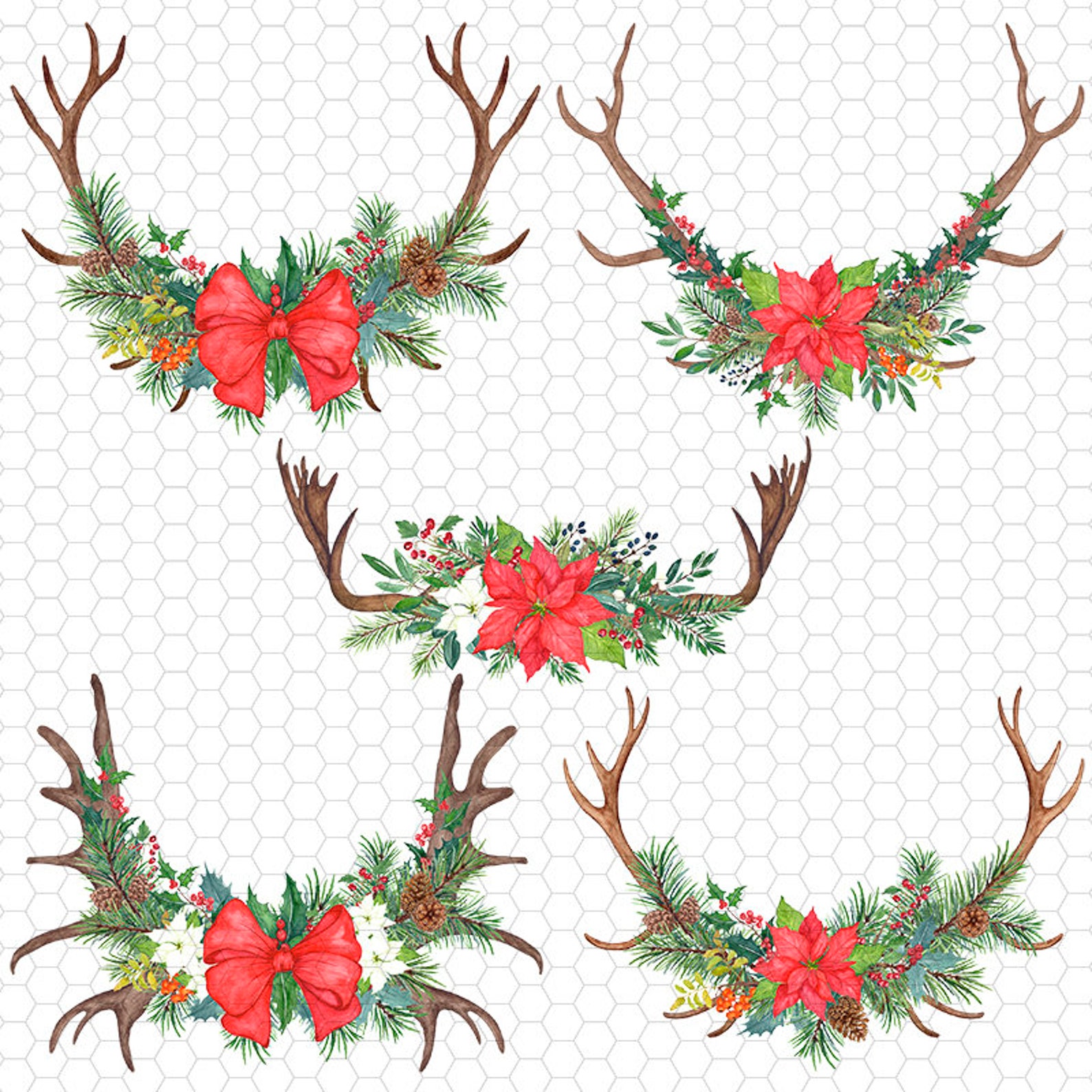 Christmas Antler Clipart Floral Antlers Clip Art Watercolor - Etsy