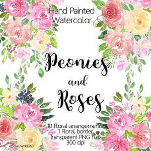 Watercolor Flower Clipart - Peonies and Roses, Floral Clipart, Hand ...