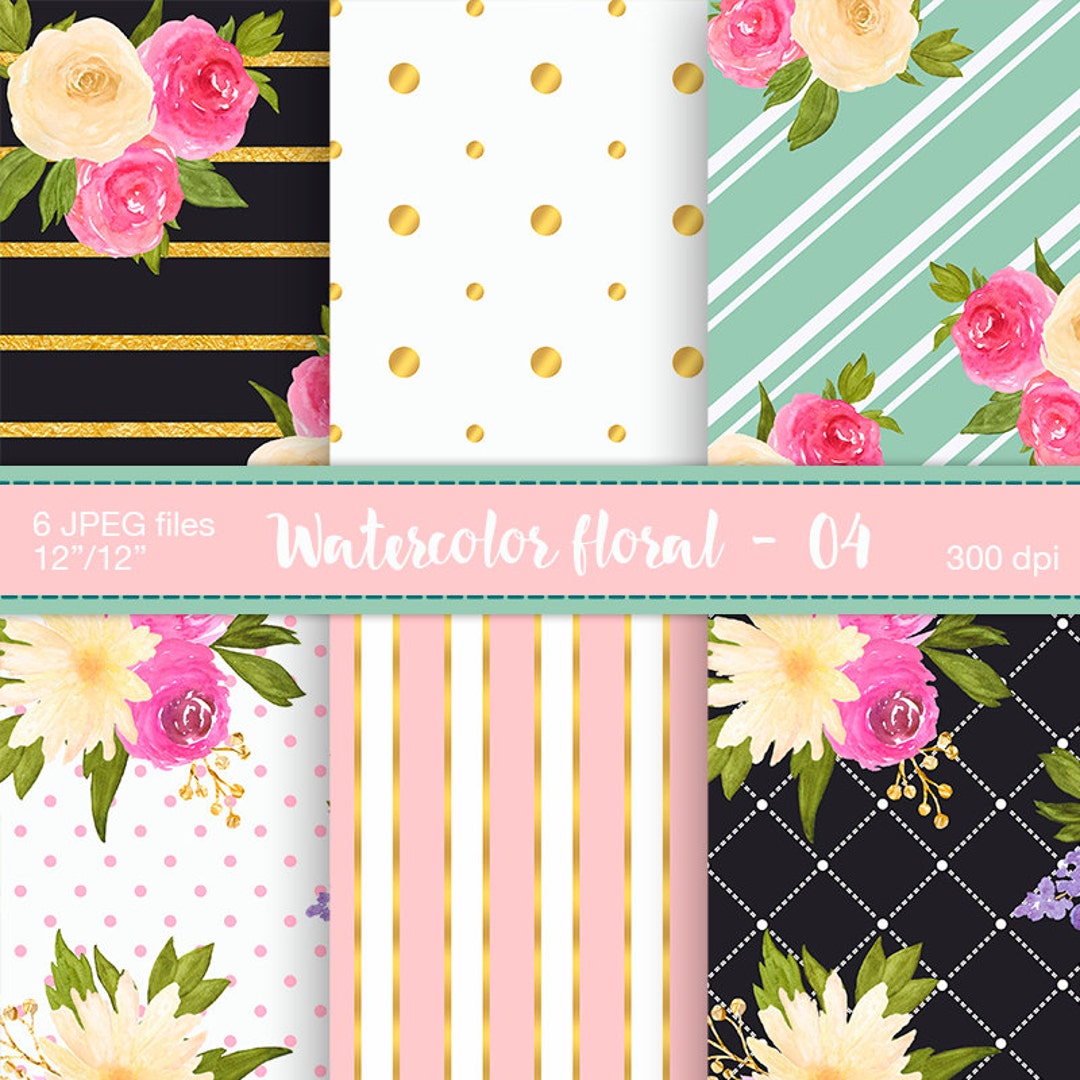 Watercolor Floral Digital Paper - Floral Patterns Roses Gold Foil ...