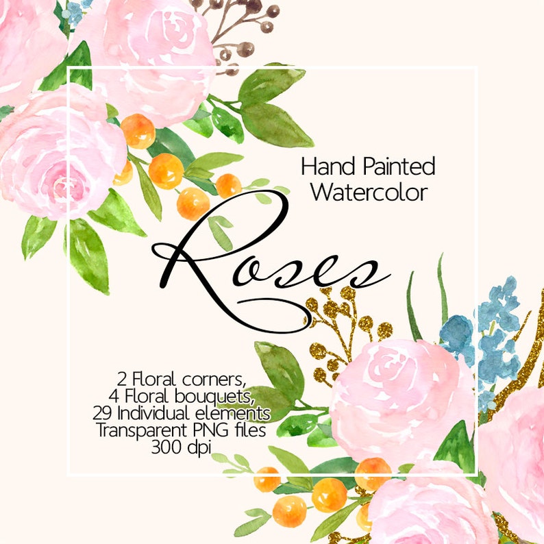 Watercolor Pink Roses - Watercolor Flower Clipart, Roses With Glitter ...