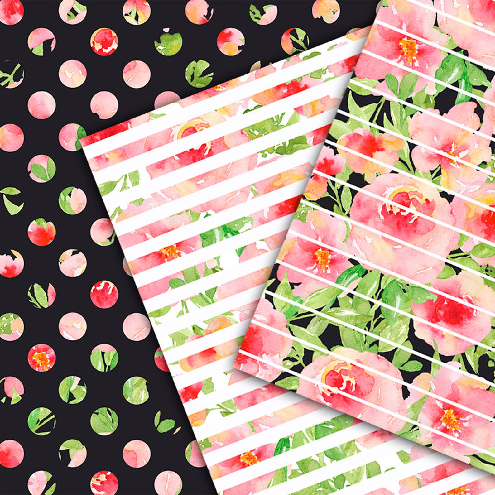 Watercolor Floral Digital Paper Chevron Polkadots Stripes - Etsy