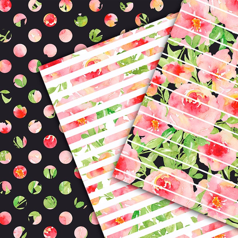 Watercolor Floral Digital Paper Chevron Polkadots Stripes - Etsy