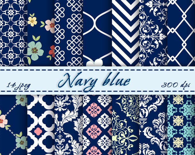 Navy Blue & White Damask 12 Sheet Assortment Pack, Digital Printable ...