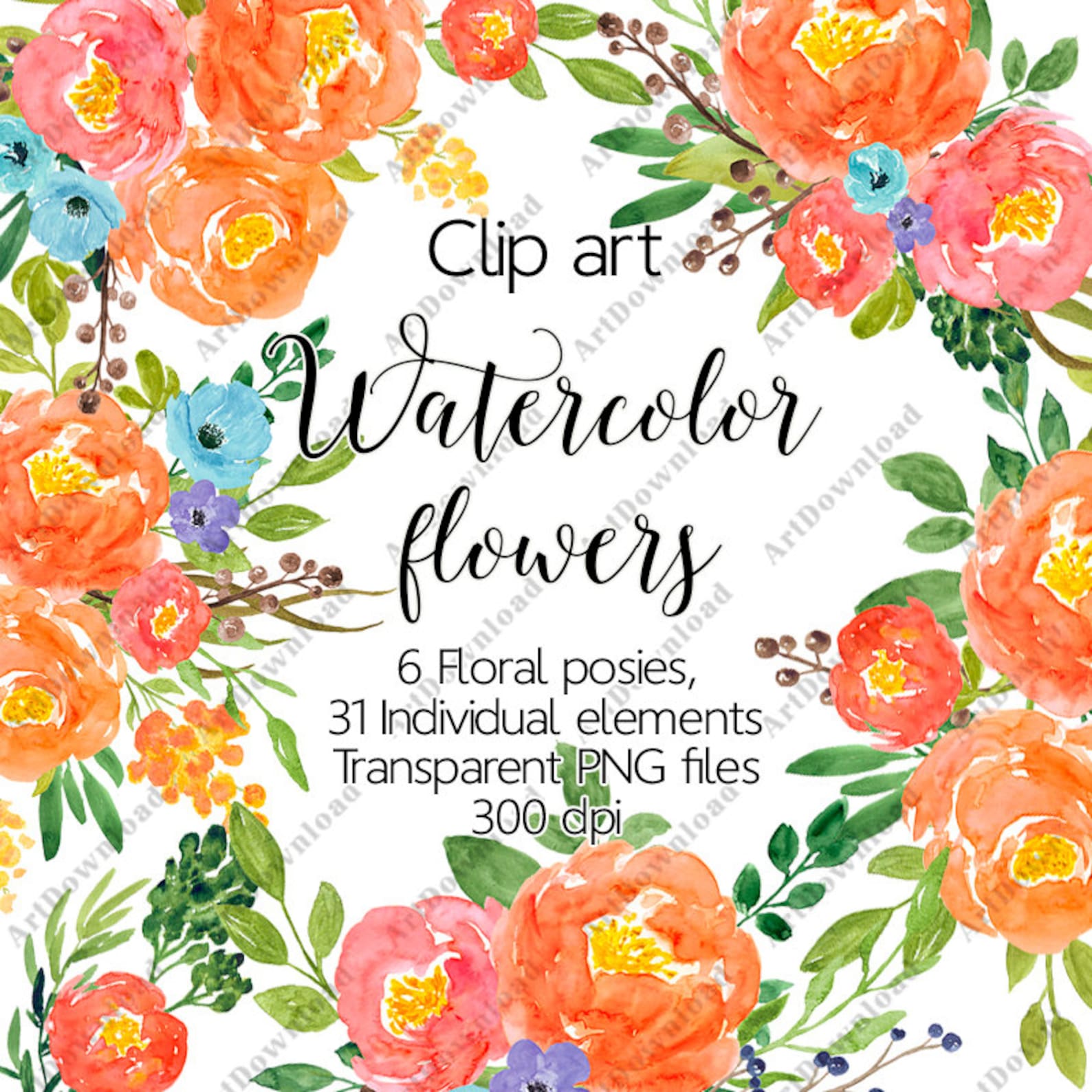 Watercolor Floral Bouquet Clipart - Watercolor Flower Posies, Hand ...
