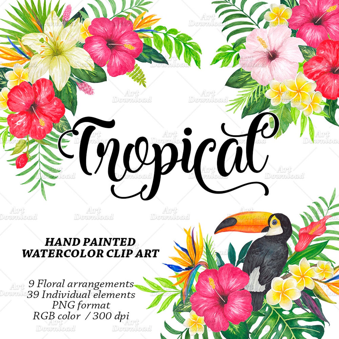 Watercolor Tropical Flowers Clipart Watercolor Flower Clip - Etsy