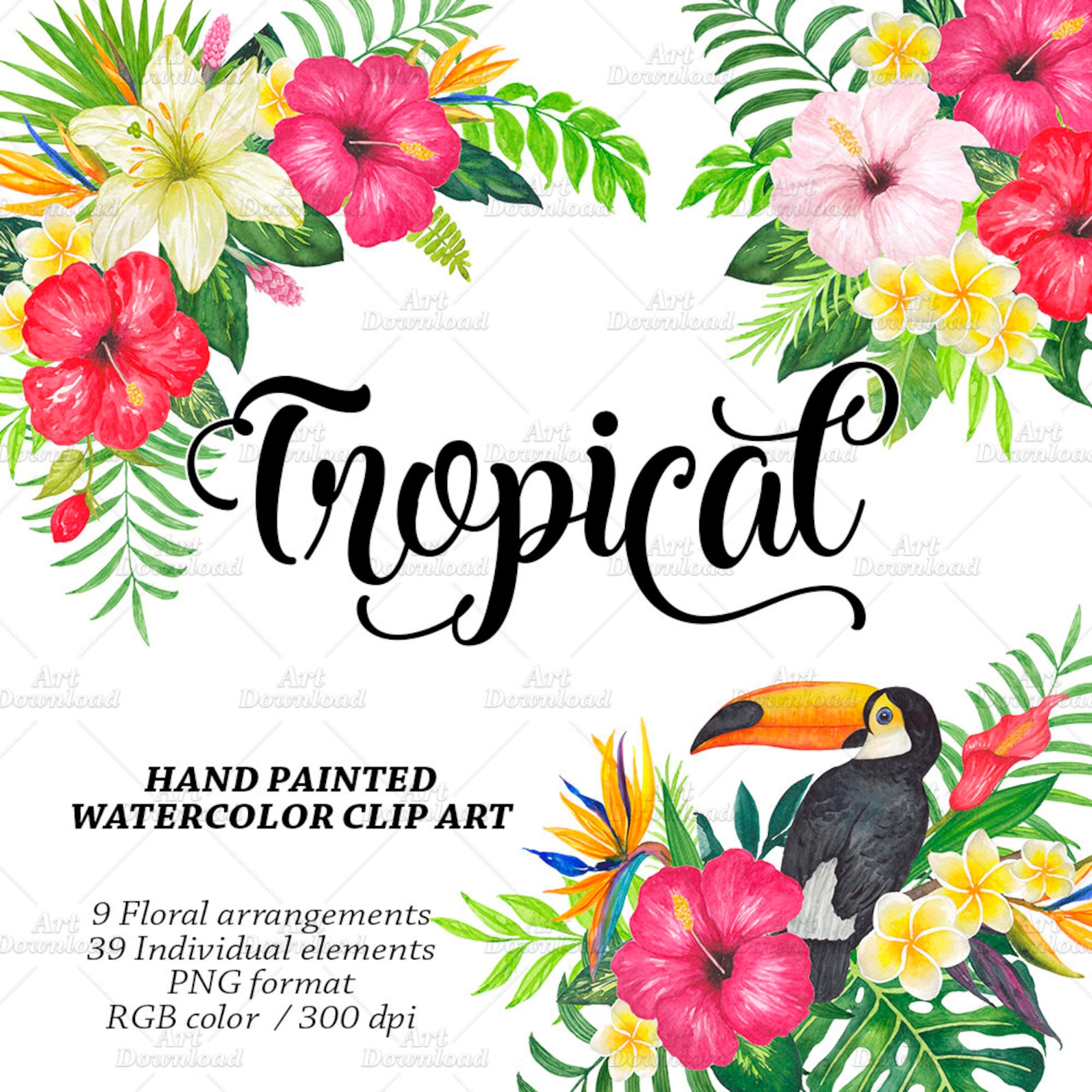 Watercolor Tropical Flowers Clipart Watercolor Flower Clip - Etsy