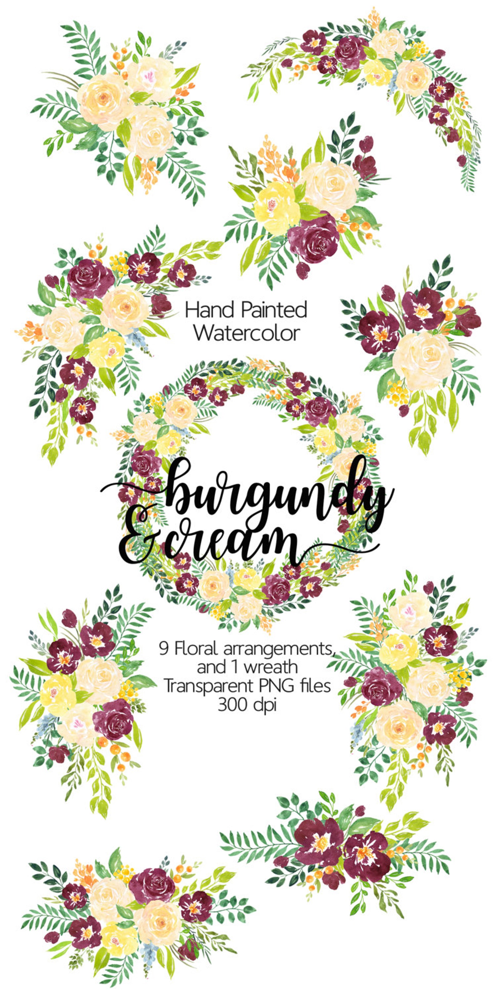 Watercolor Flower Digital Clip Art Watercolor Bouquet, Burgundy and ...