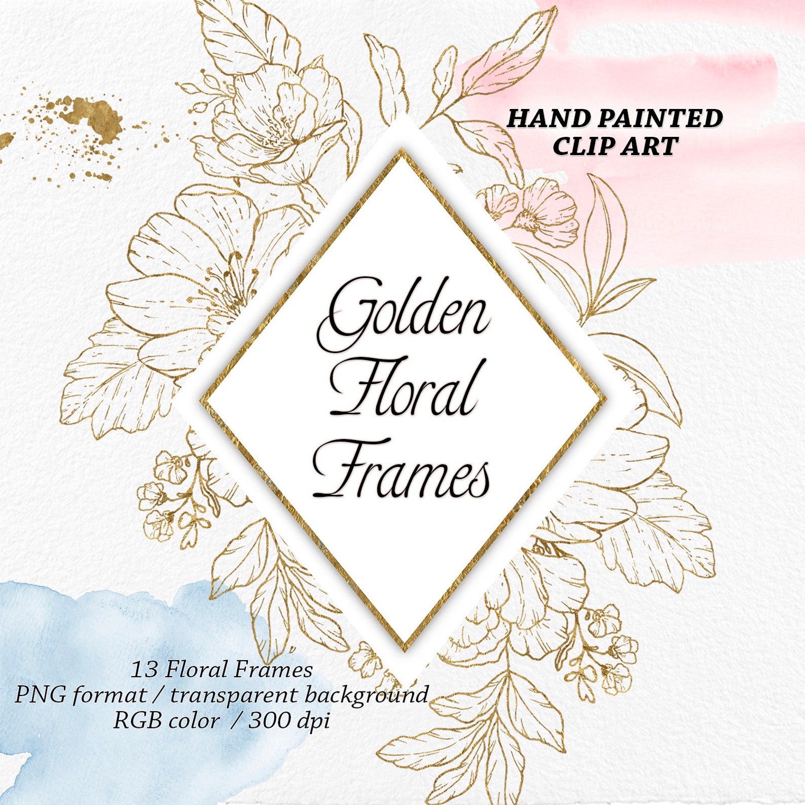 Golden Floral Frames Clip Art Golden Graphic Flowers - Etsy