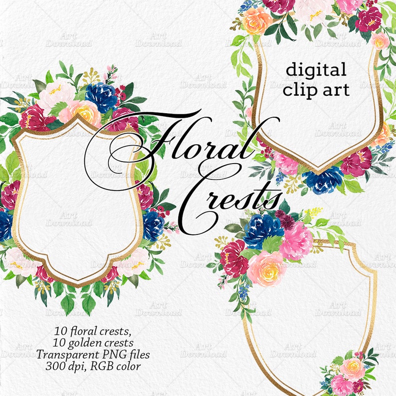 Floral Crest Clip Art Golden Crest Wedding Logo Crest - Etsy