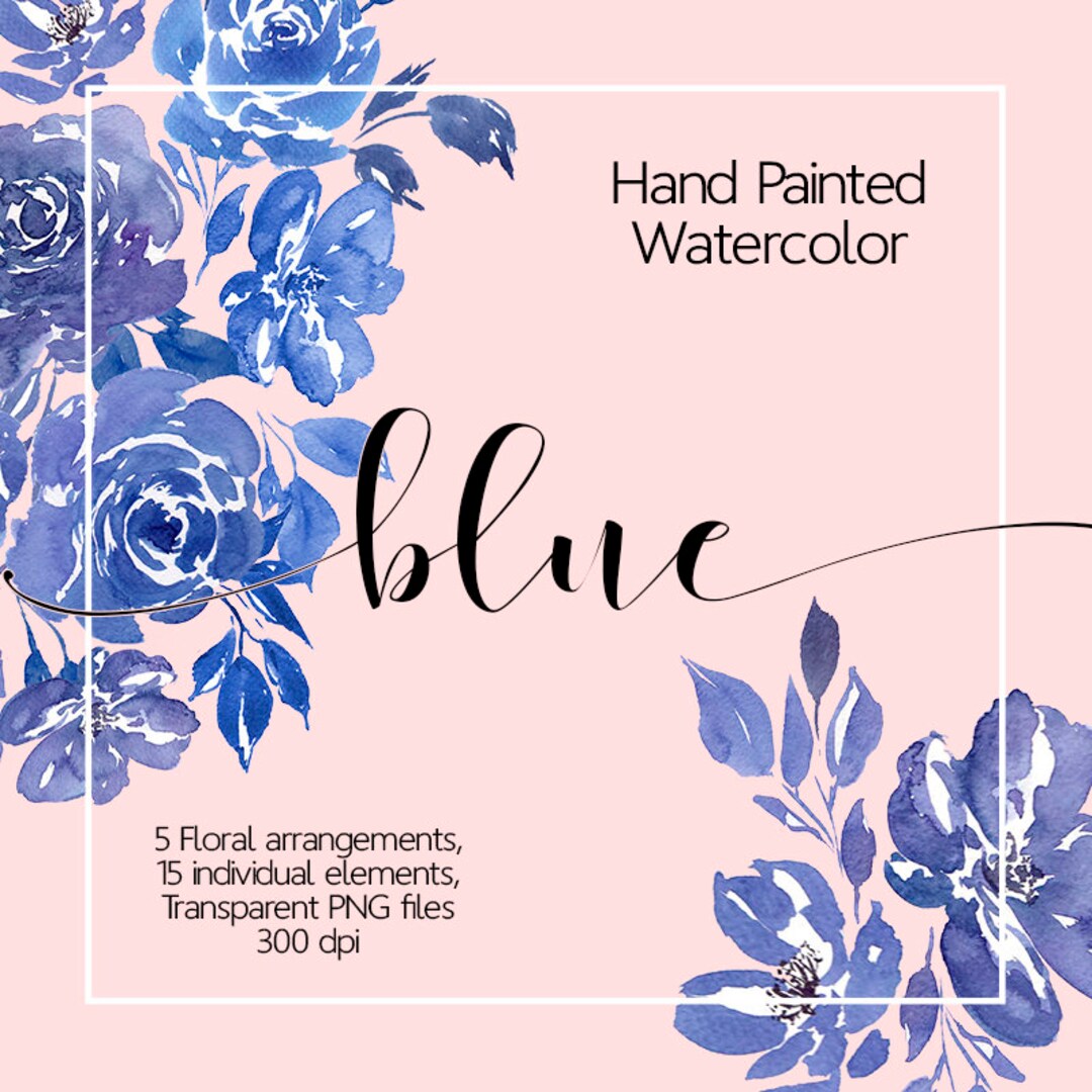 Blue Watercolor Floral Clip Art - Blue Digital Flowers, Floral Elements ...
