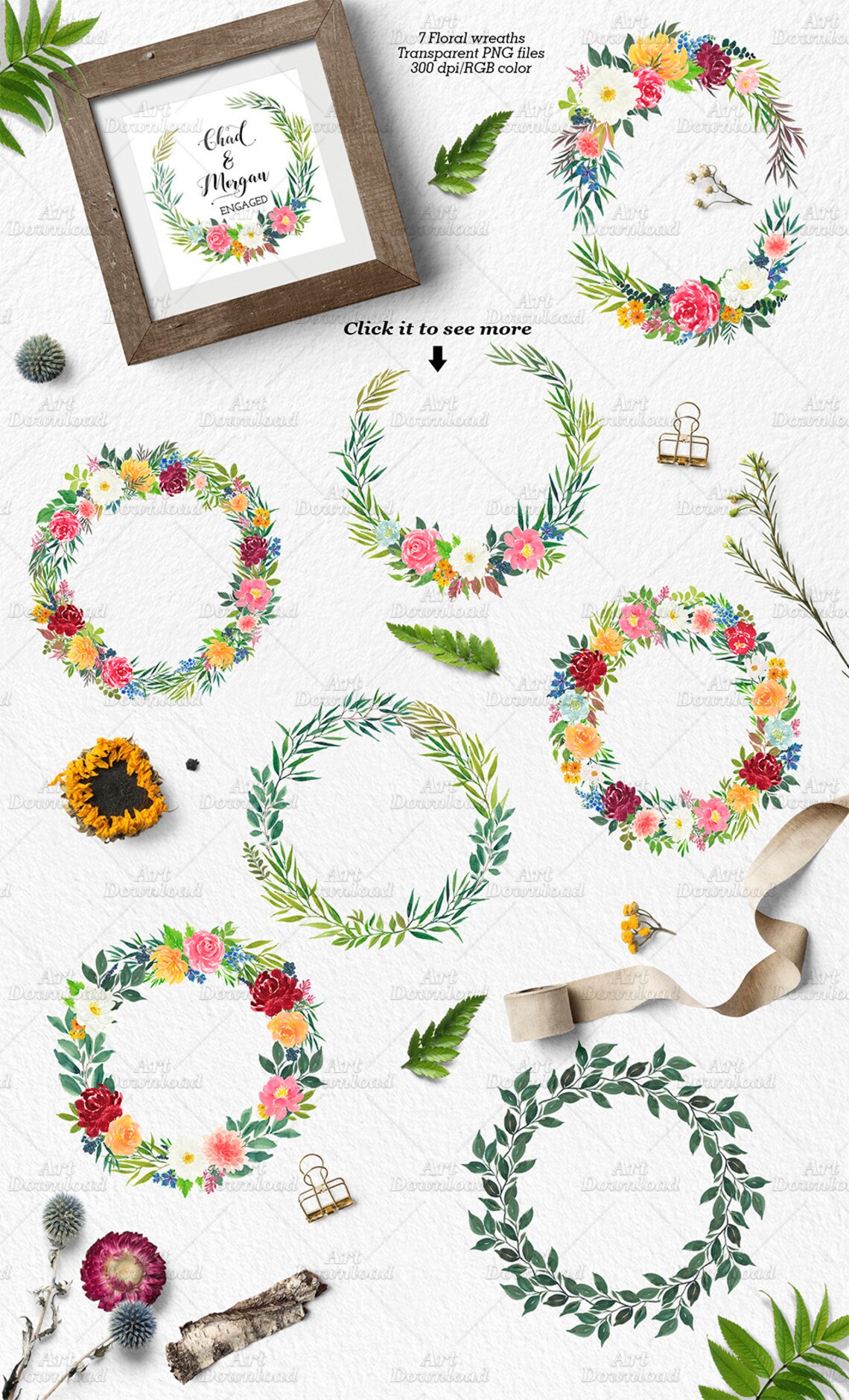 Watercolor Floral Wreath and Frames Rustic Flowers | Etsy