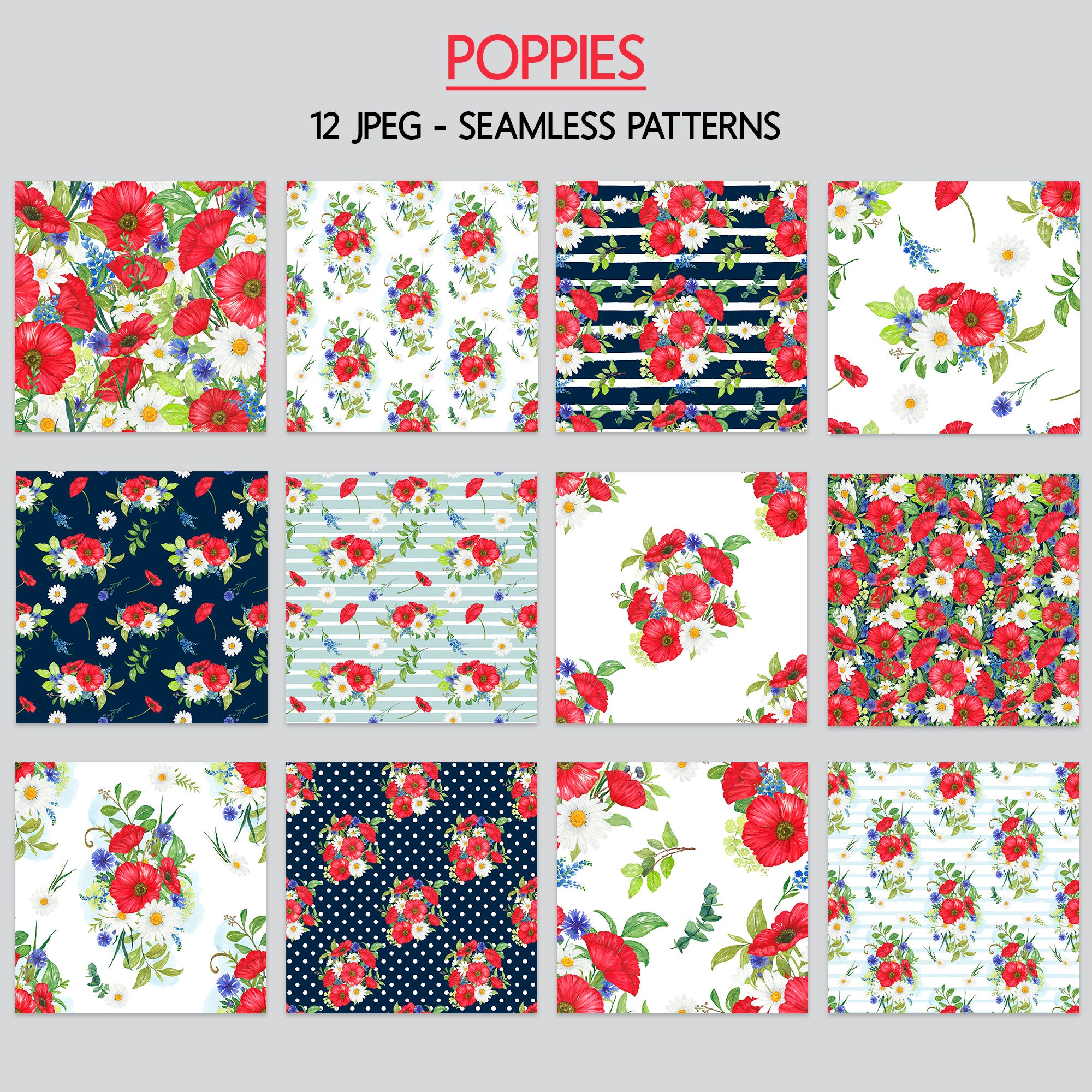 Poppies Digital Peper Seamless Pattern Watercolor Digital - Etsy