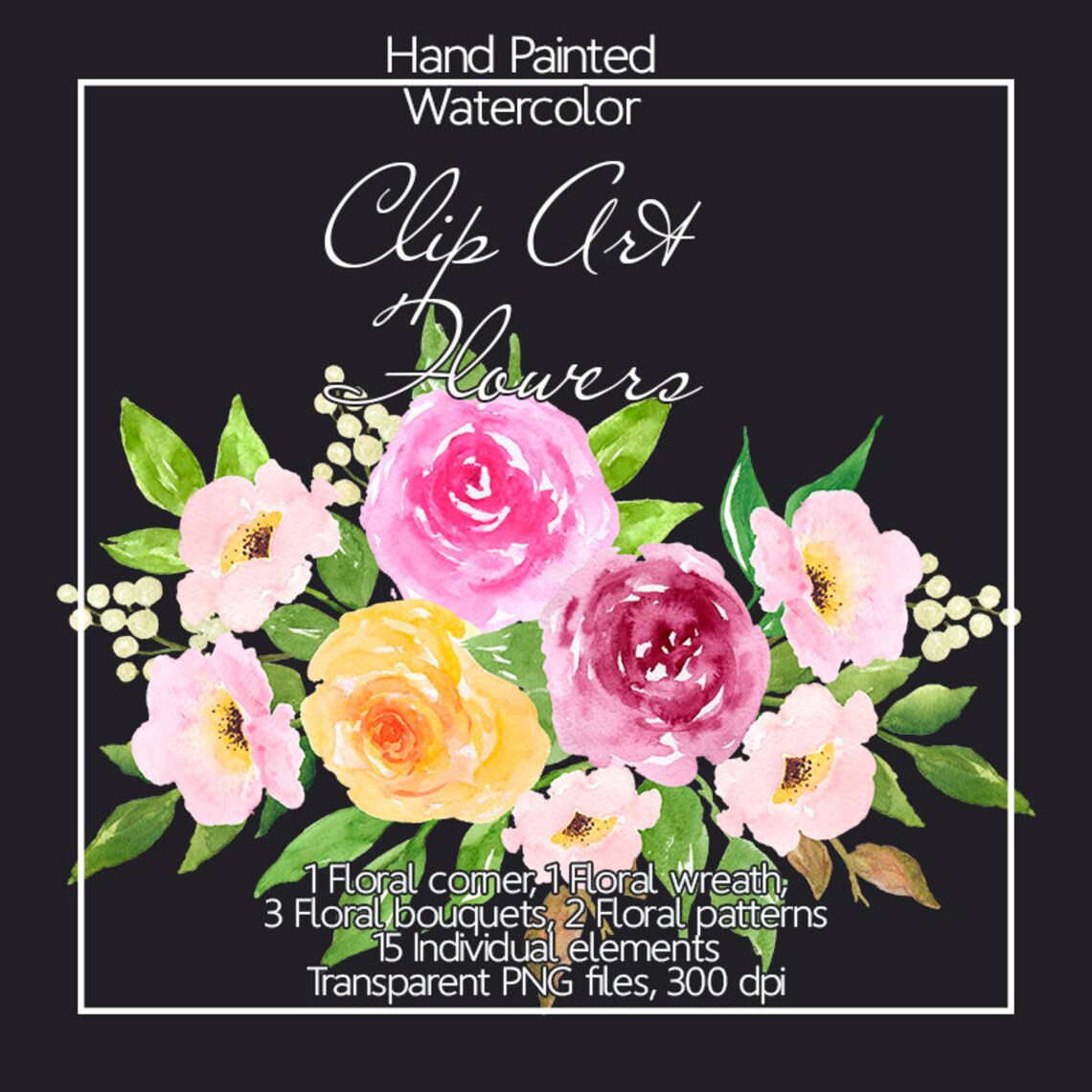 Watercolor Flowers Clipart - Hand Painted Clip Art, Floral Wreath ...
