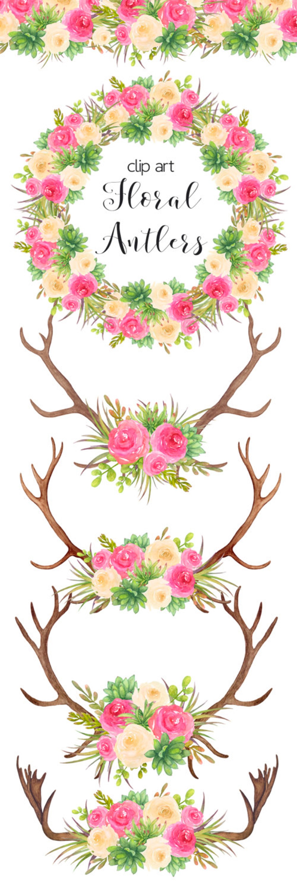Watercolor floral antlers Clip art antlers and flowers | Etsy