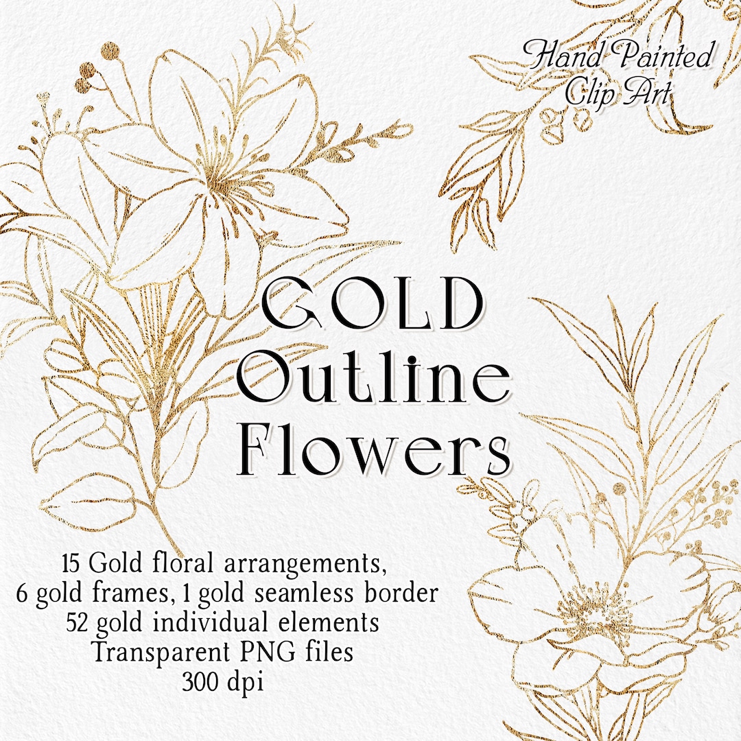 Gold Outline Flowers - Floral Line Art, Wedding Graphic, Botanical ...