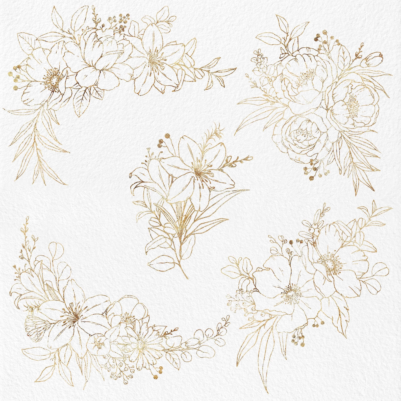 Gold Outline Flowers - Floral Line Art, Wedding Graphic, Botanical ...