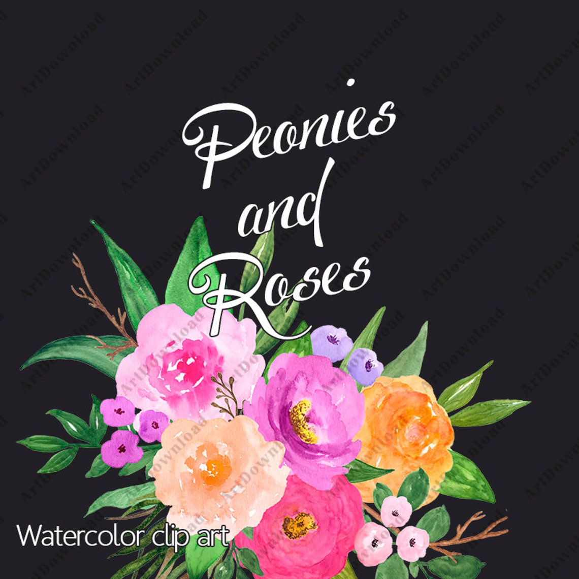 Flower Clipart - Watercolour Peonies and Roses, Watercolor Floral Clip ...