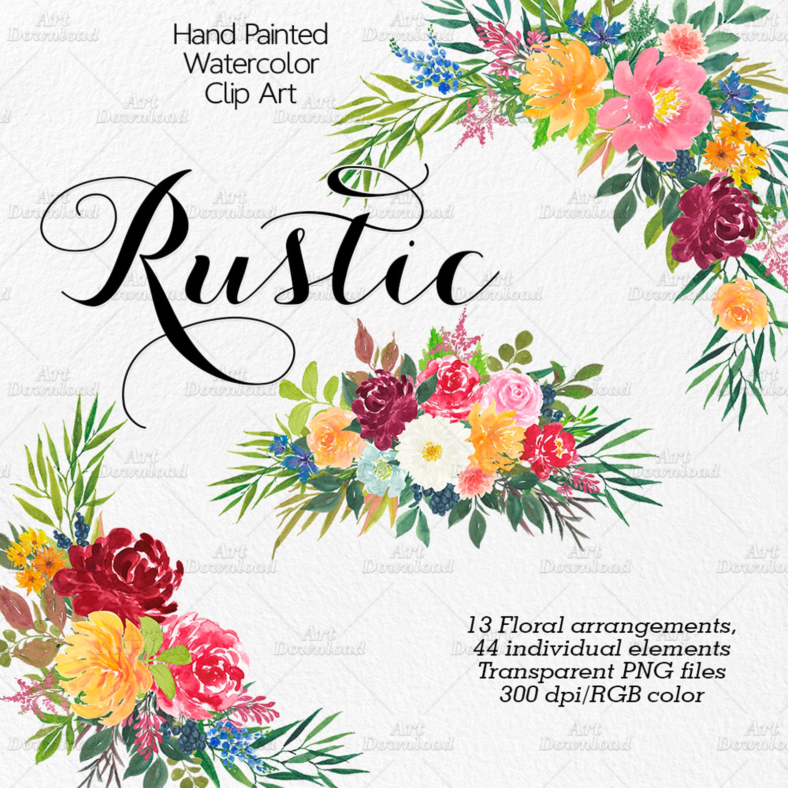 Watercolor Rustic Floral Clipart Flower Watercolour Clipart - Etsy