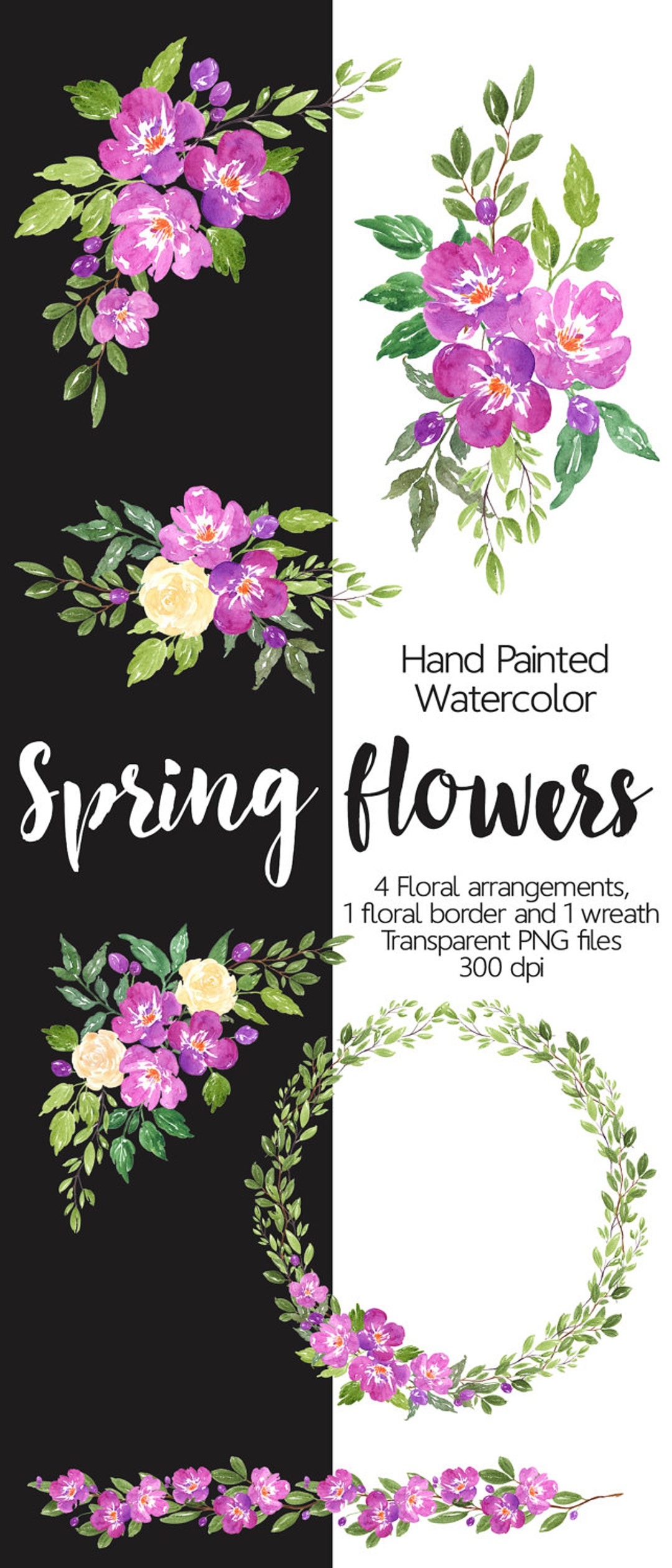 Watercolor Flower Clipart - Spring Flowers, Watercolor Pink Purple ...