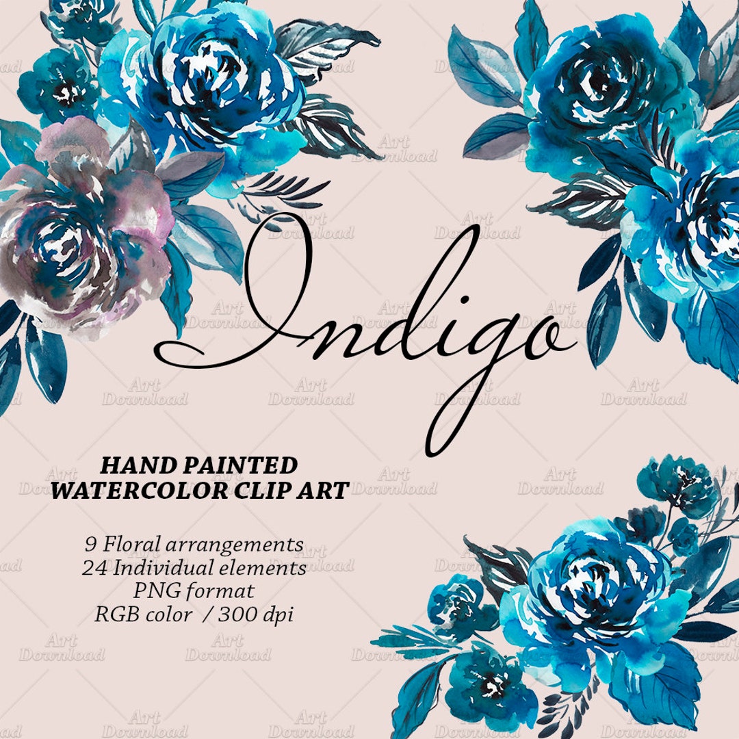 Watercolor Flowers Indigo Clip Art,floral Clip Art, Turquoise Flower ...