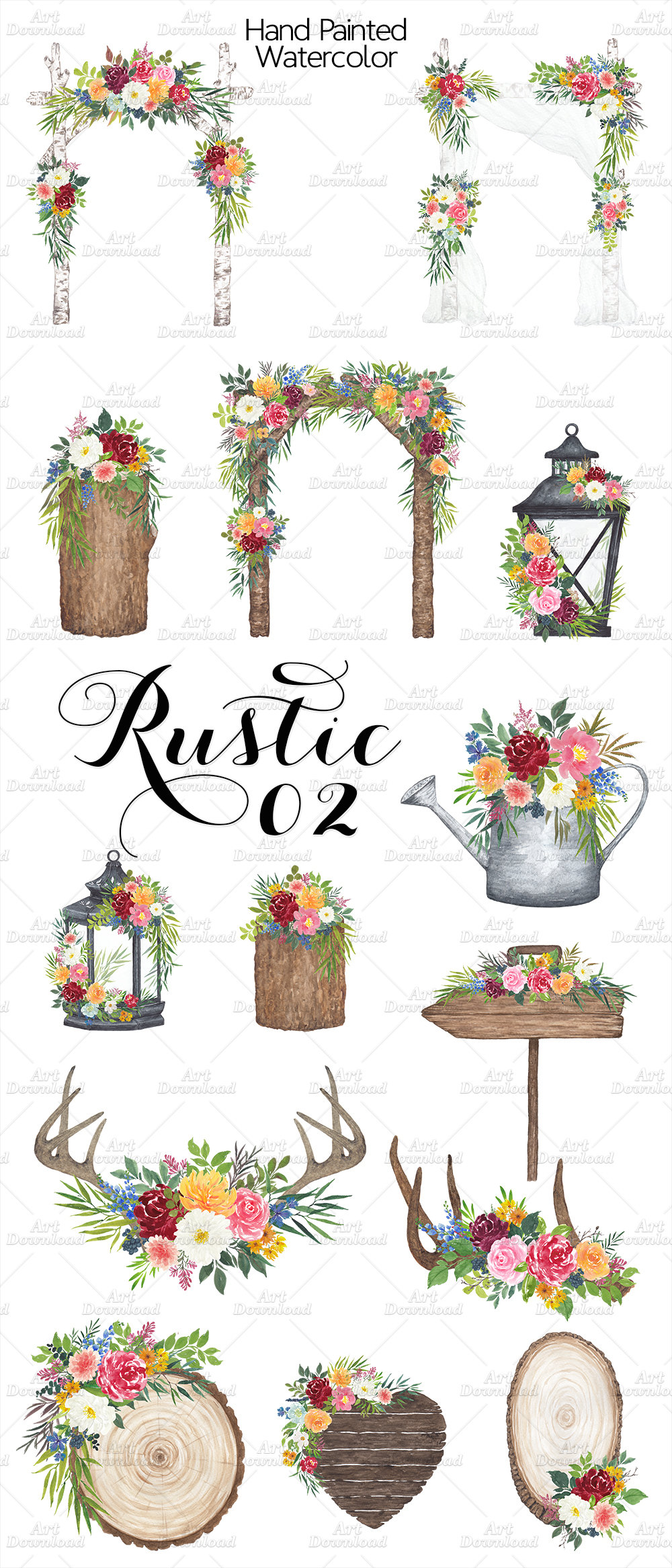 Watercolor Rustic Wedding Clipart Rustic Flowers Trees | Etsy