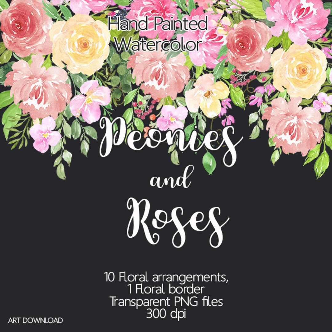 Watercolor Flower Clipart - Peonies and Roses, Floral Clipart, Hand ...