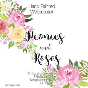 Watercolor Flower Clipart - Peonies and Roses, Floral Clipart, Hand ...