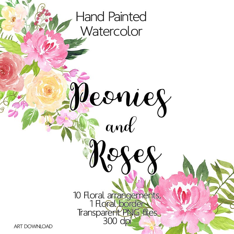 Watercolor Flower Clipart Peonies and Roses Floral Clipart - Etsy
