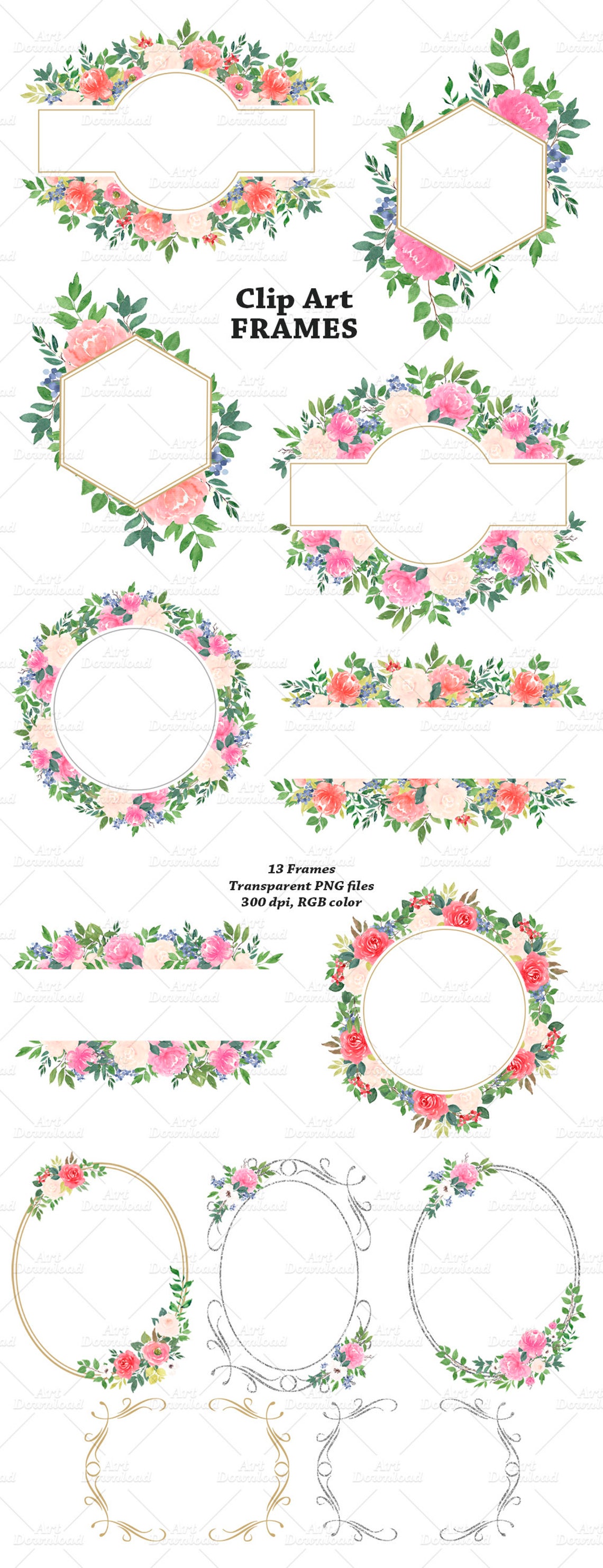 Floral Frames Clip Art Clipart Frame Watercolor Floral - Etsy