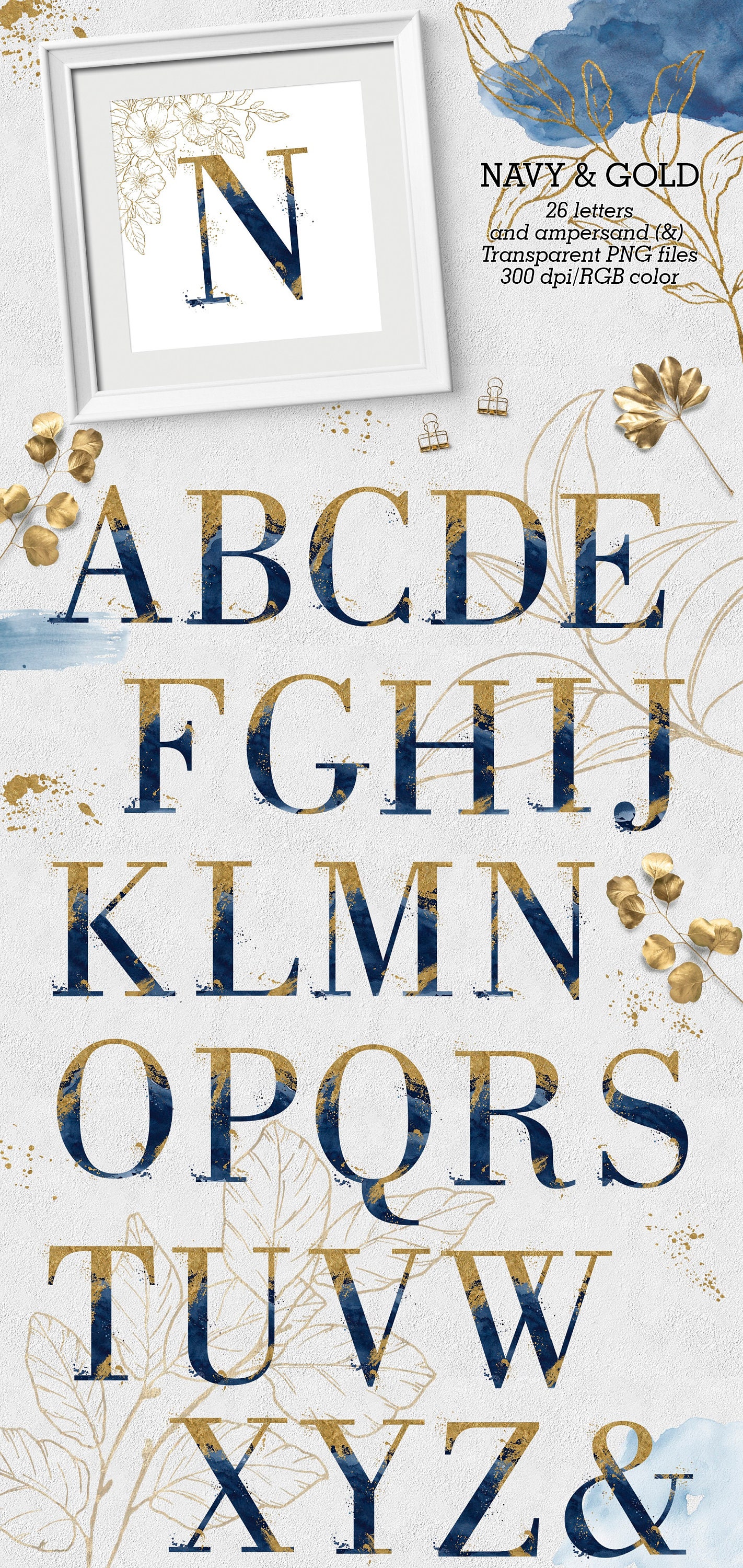 Navy Gold Alphabet and Numbers Clip Art Monogram Letters | Etsy