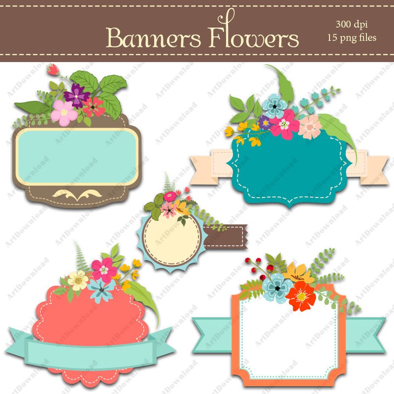 Banners Flowers Clip Art Banner Floral Frames Digital - Etsy