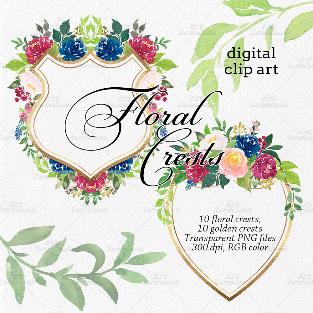 Floral Crest Clip Art Golden Crest Wedding Logo Crest | Etsy