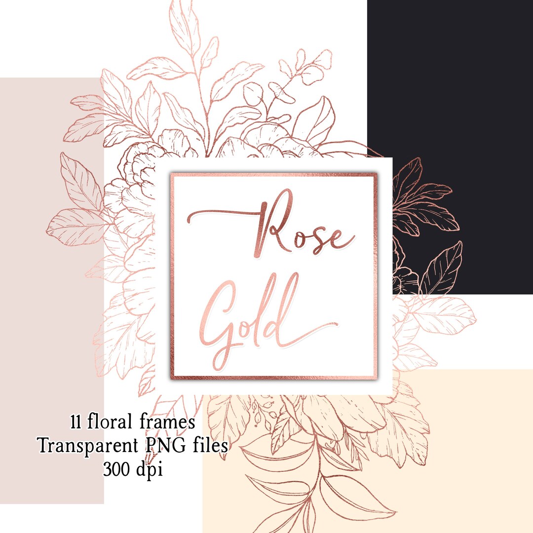 Rose Gold Floral Frames, Flower Outline, Hand Drawn Flowers, PNG Frames ...