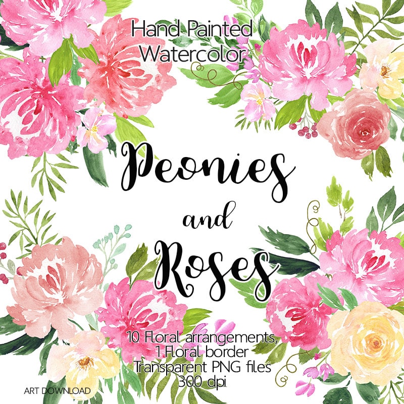 Watercolor Flower Clipart Peonies and Roses Floral Clipart - Etsy