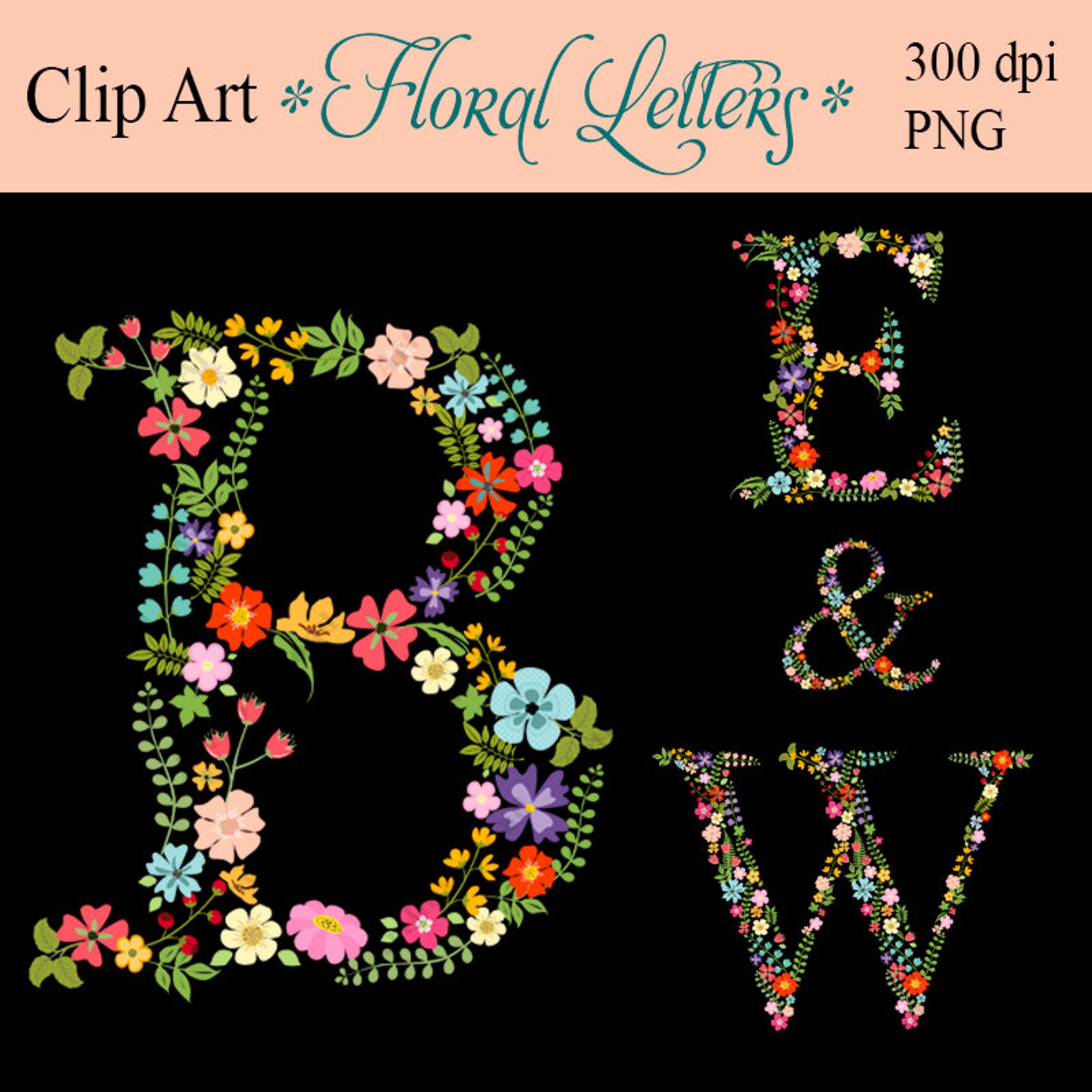 Floral Monogram Letters Digital Floral Initial Floral - Etsy