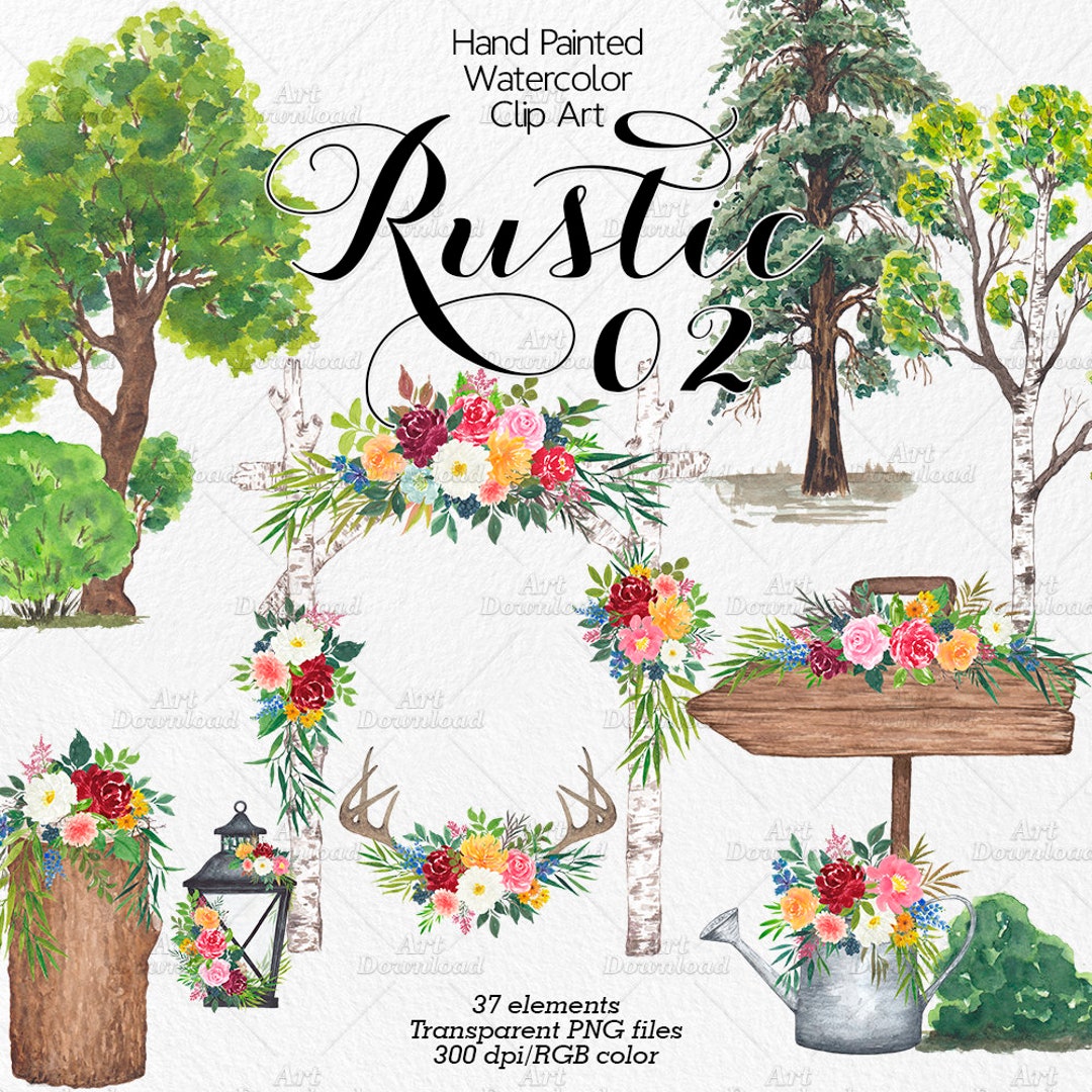 Watercolor Rustic Wedding Clipart - Rustic Flowers, Trees, Floral ...