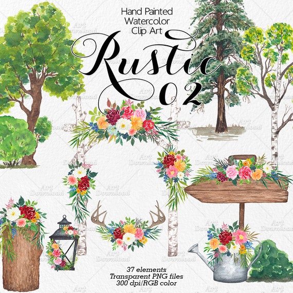 Watercolor Rustic Wedding Clipart Rustic Flowers Trees | Etsy