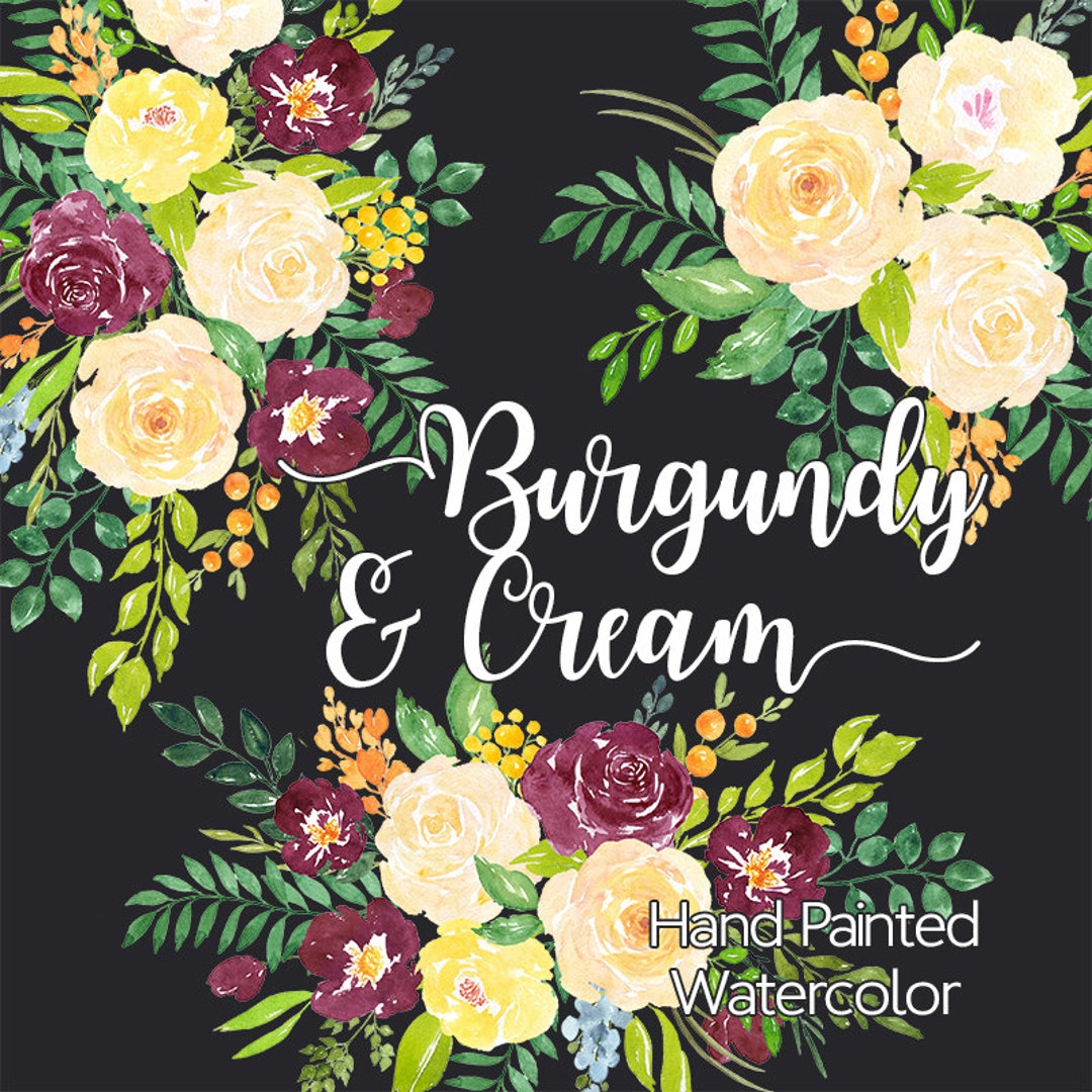 Watercolor Flower Digital Clip Art - Watercolor Bouquet, Burgundy and ...