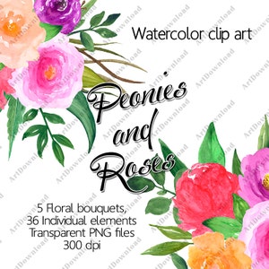 Flower Clipart - Watercolour Peonies and Roses, Watercolor Floral Clip ...
