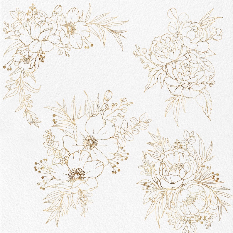 Gold Outline Flowers - Floral Line Art, Wedding Graphic, Botanical ...
