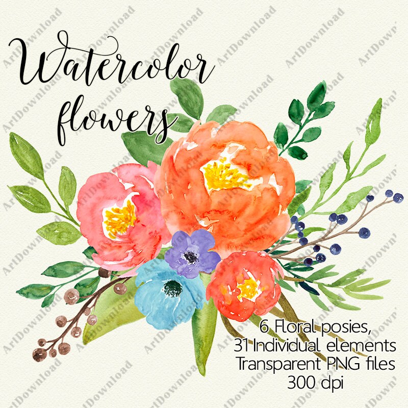 Watercolor floral bouquet clipart Watercolor flower posies | Etsy