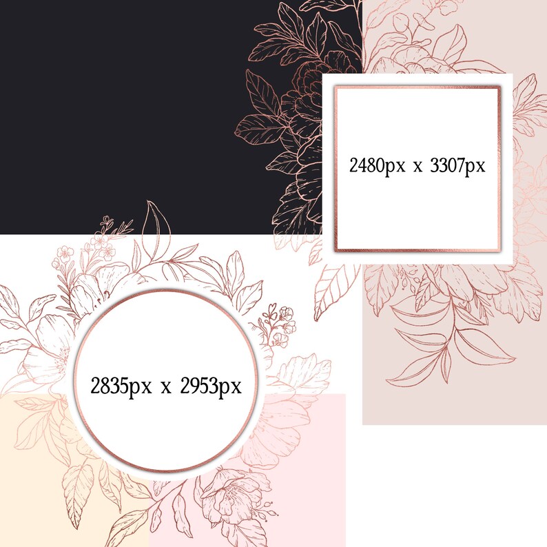 Rose Gold Floral Frames Flower Outline Hand Drawn Flowers | Etsy