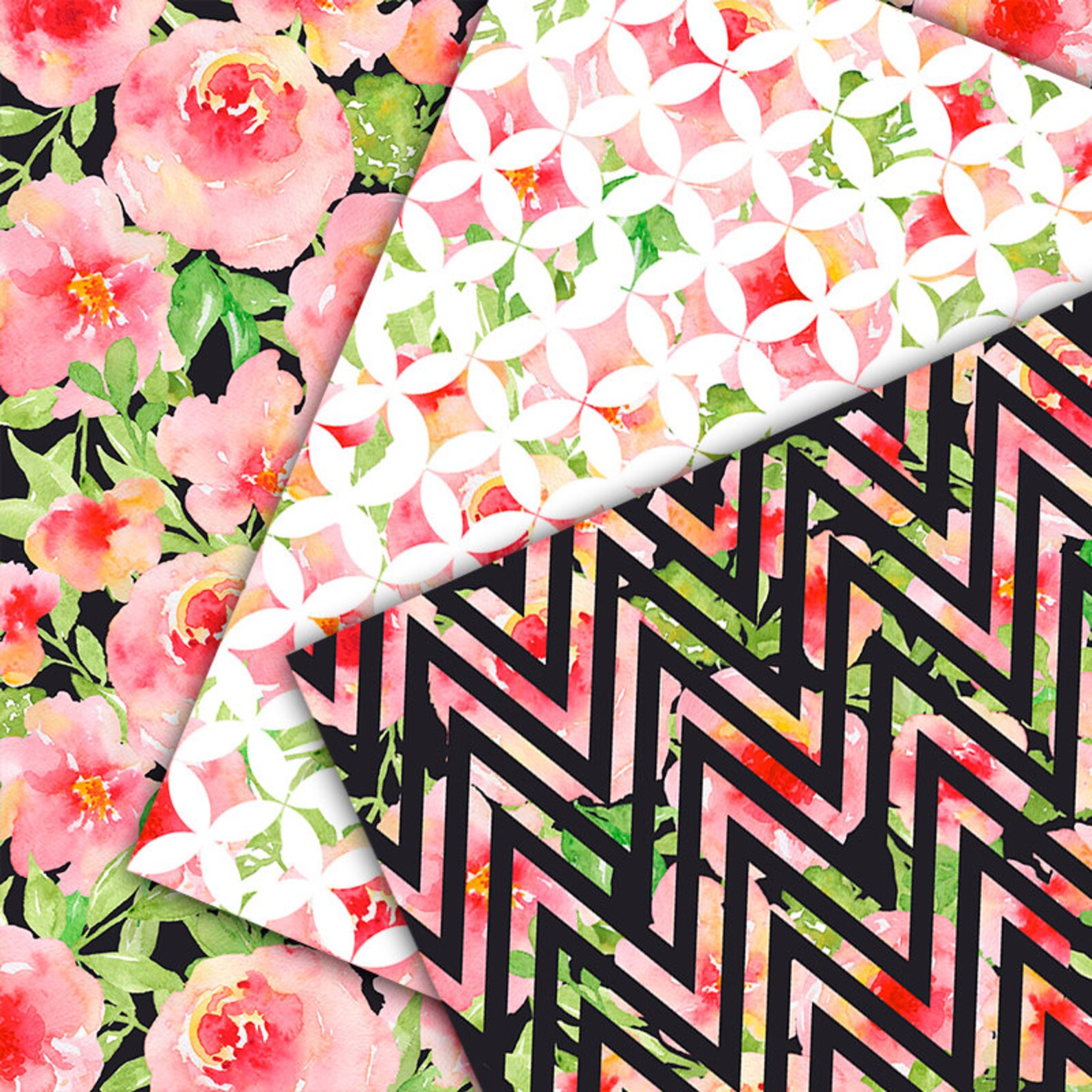 Watercolor Floral Digital Paper - Chevron Polkadots Stripes Moroccan ...