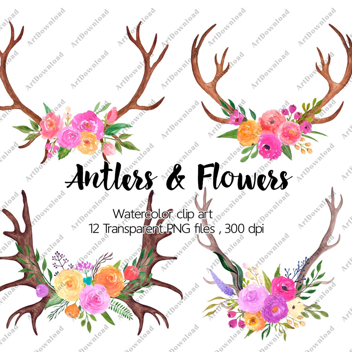 Antlers and Flowers Watercolor Floral Antlers Clip Art - Etsy