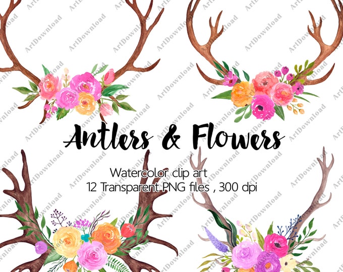 Wedding Clip Art Boho Antlers - Watercolor Antler, Deer Skull, Peony ...