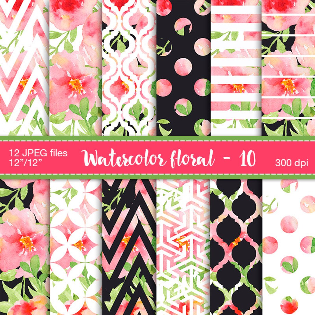 Watercolor Floral Digital Paper - Chevron Polkadots Stripes Moroccan ...
