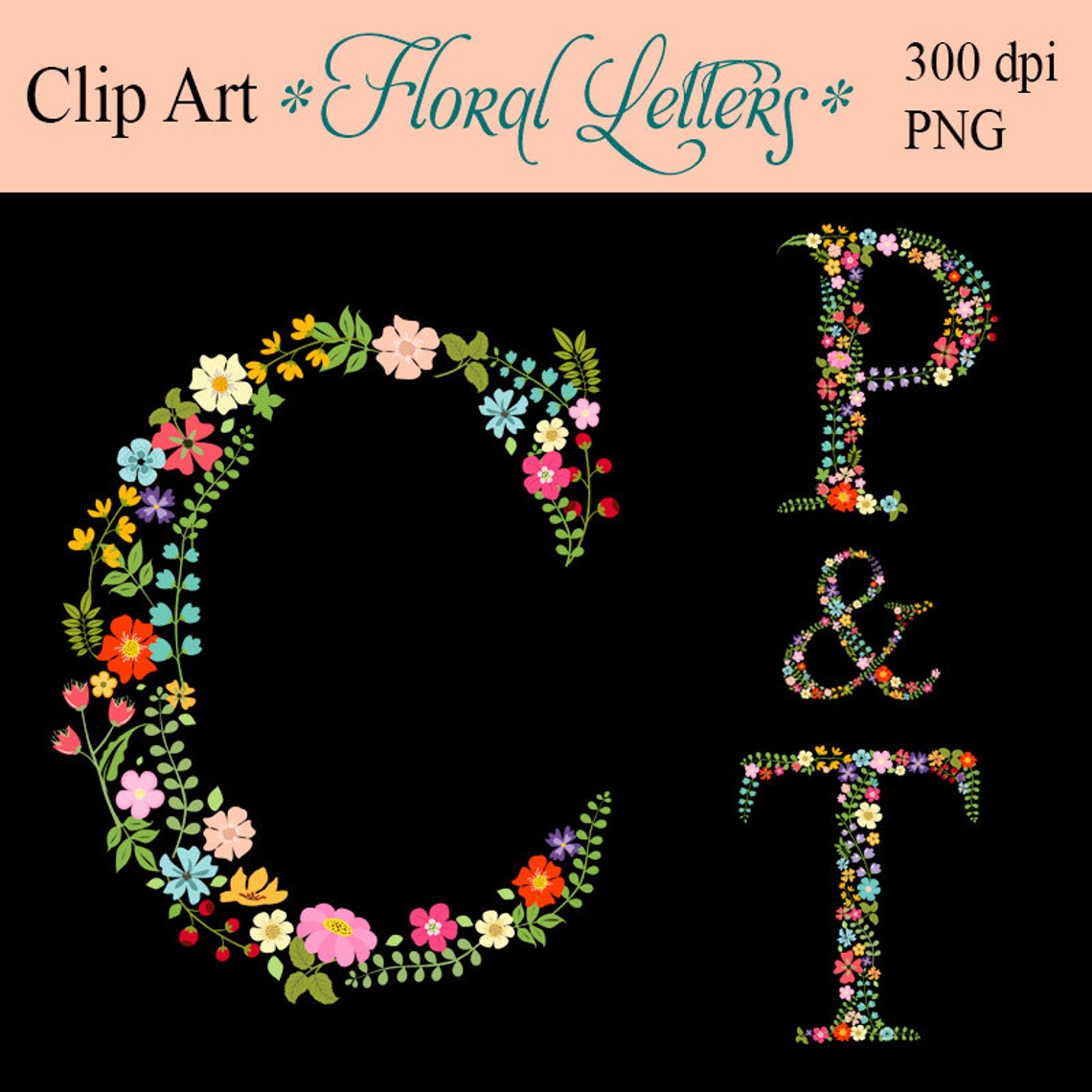 Wedding Floral Clip Art Flowers Letters Digital Floral - Etsy