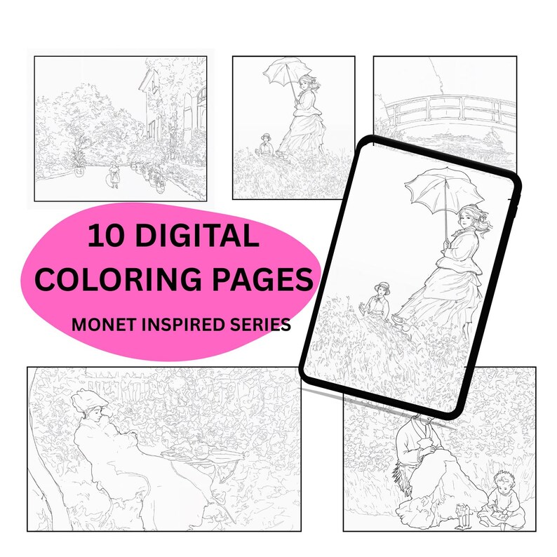 10 Coloring Pages | Monet Inspired Line Art Book | French Gardens ...