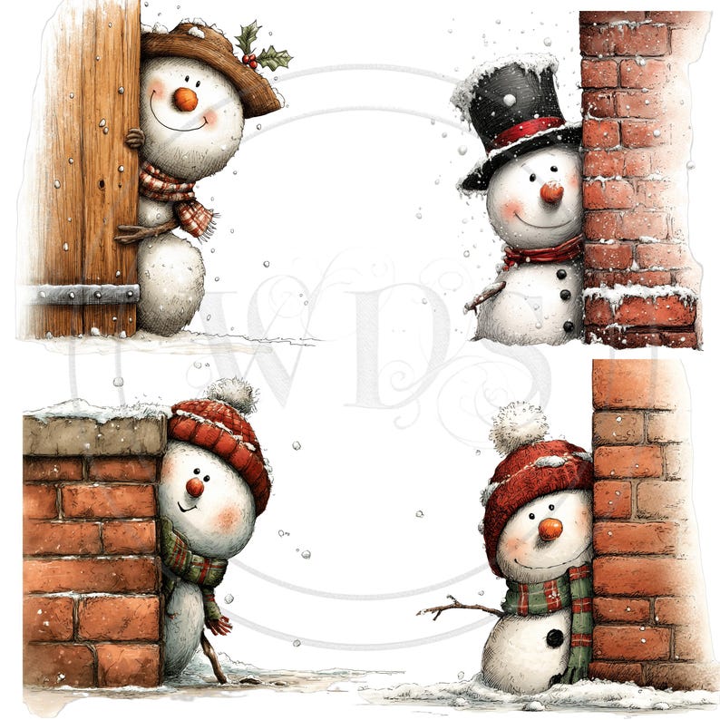 Whimsical Peeking Snowman Christmas Clipart Bundle: Festive Holiday ...
